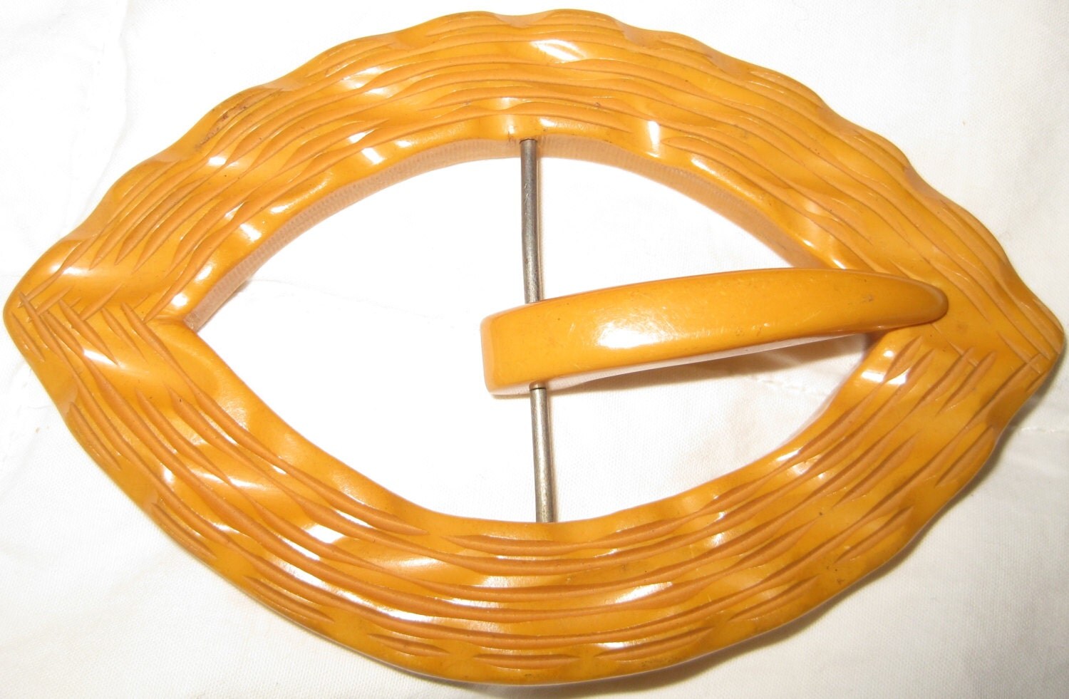 Deeply Hand Carved Antique Bakelite Belt Buckle Butterscotch Bakelite