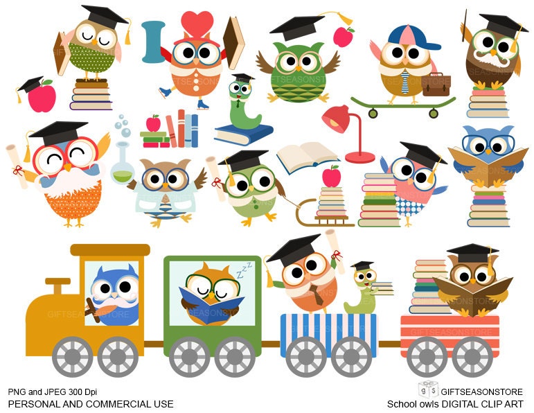 School owls Digital clip art for Personal and Commercial use