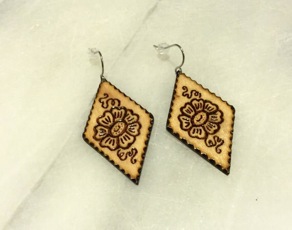 Wood Burned Flower Dangle Earrings Handmade