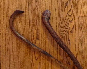 Pair antique walking canes sticks solid hard wood curved and gnarled ...