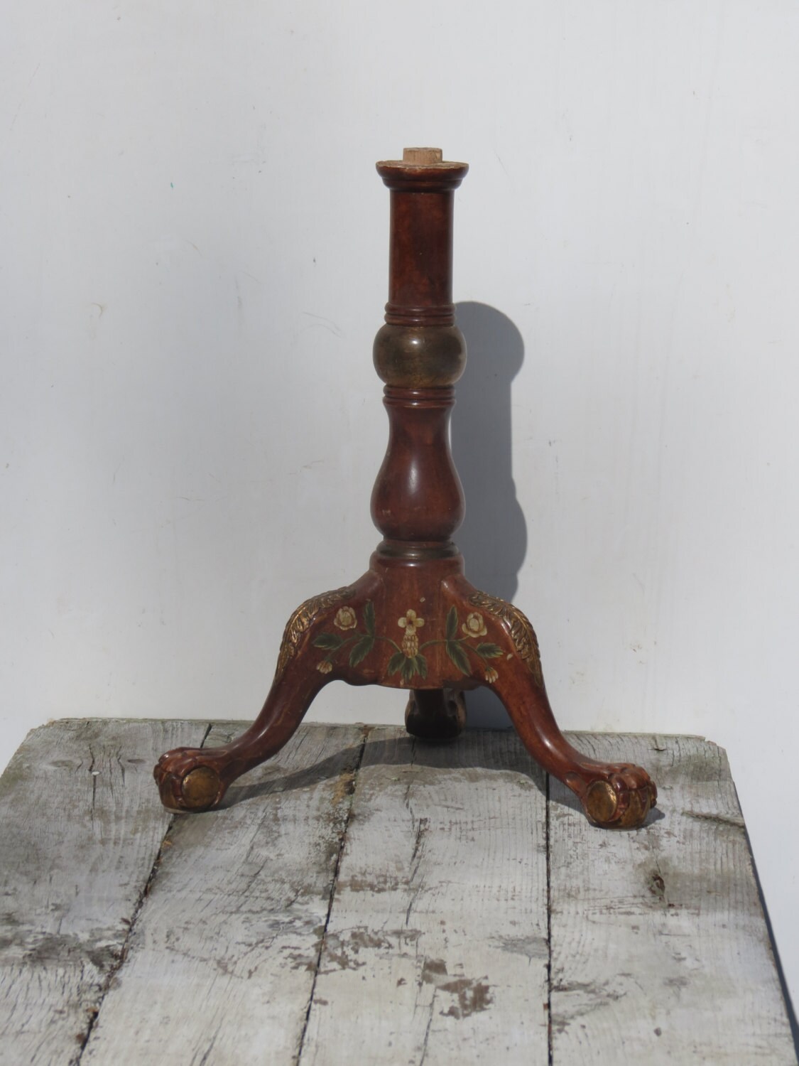 Turned Wooden Table Base Carved Lion Feet Painted Folk Art Flowers ...