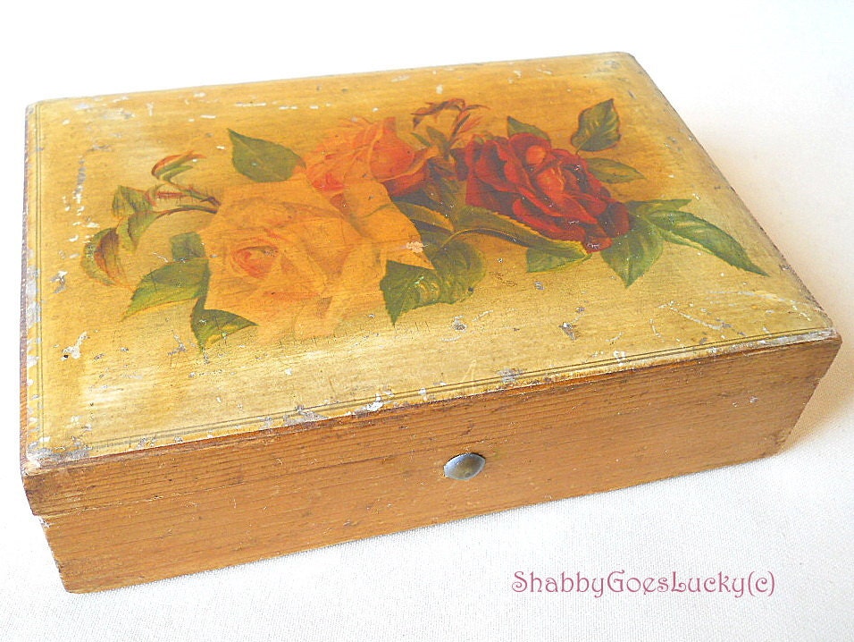 German vintage wooden keepsake box with roses, old jewellery or letter ...