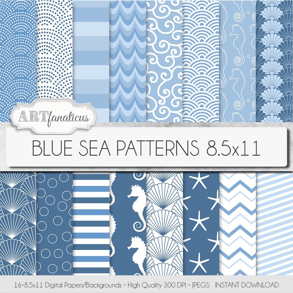 8.5x11 beach digital papers BLUE SEA PATTERNS