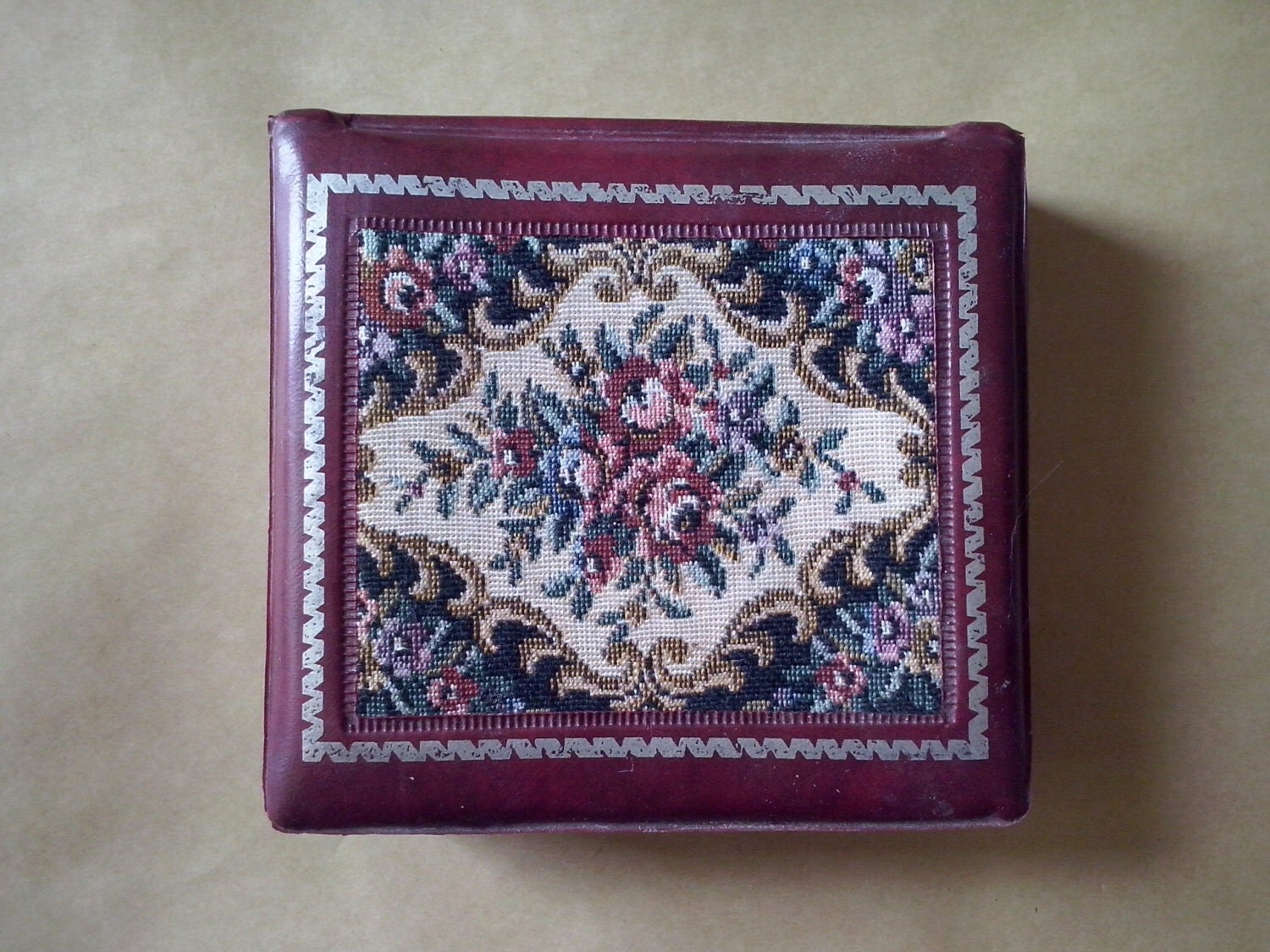VINTAGE red tapestry box, faux leather box, trinket box, jewelry box ...