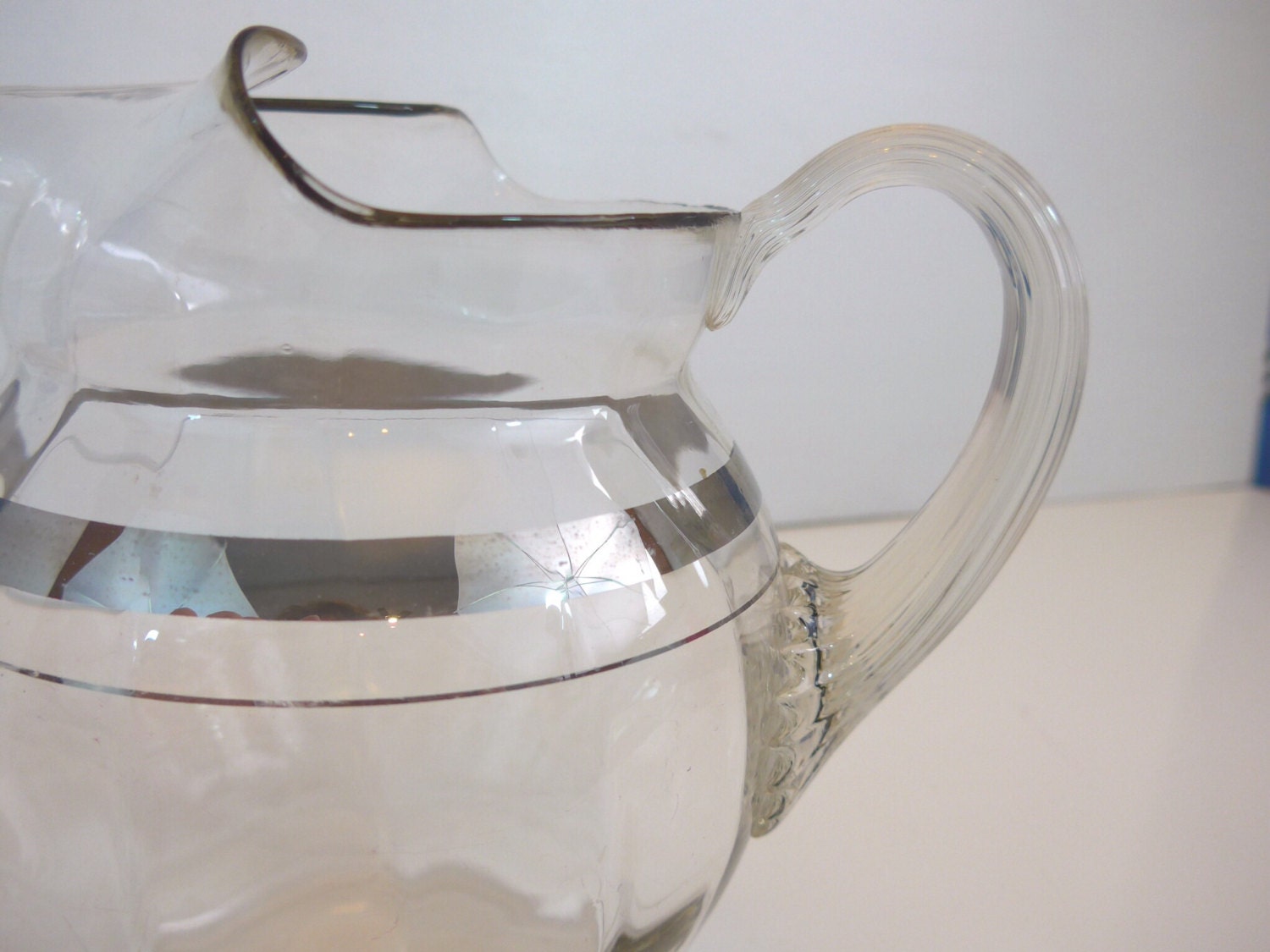 Vintage Mid Century Silver Band Ribbed Pitcher Hand Blown Glass - Mid ...