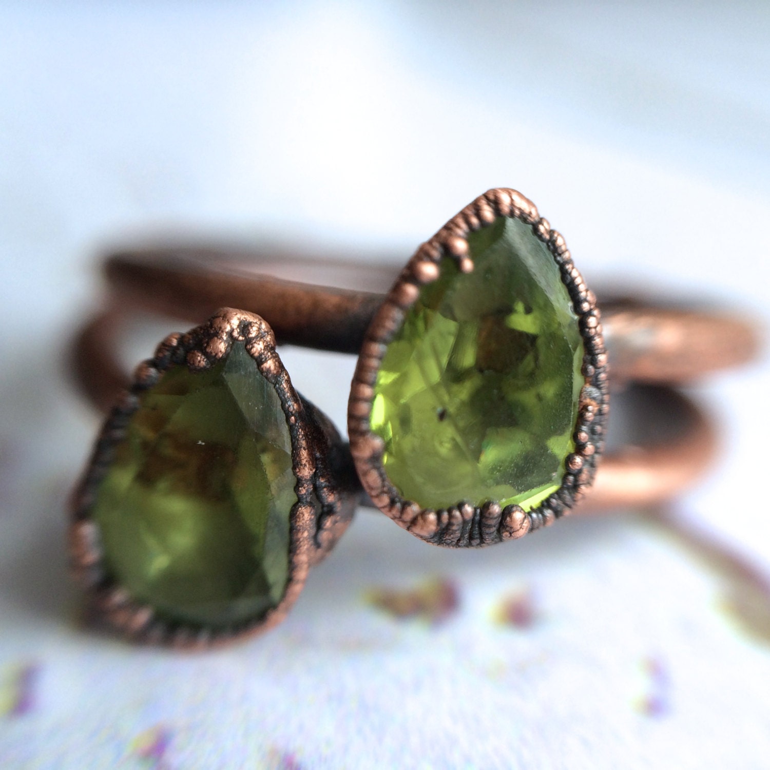 Green Peridot ring Faceted peridot stacking ring Copper