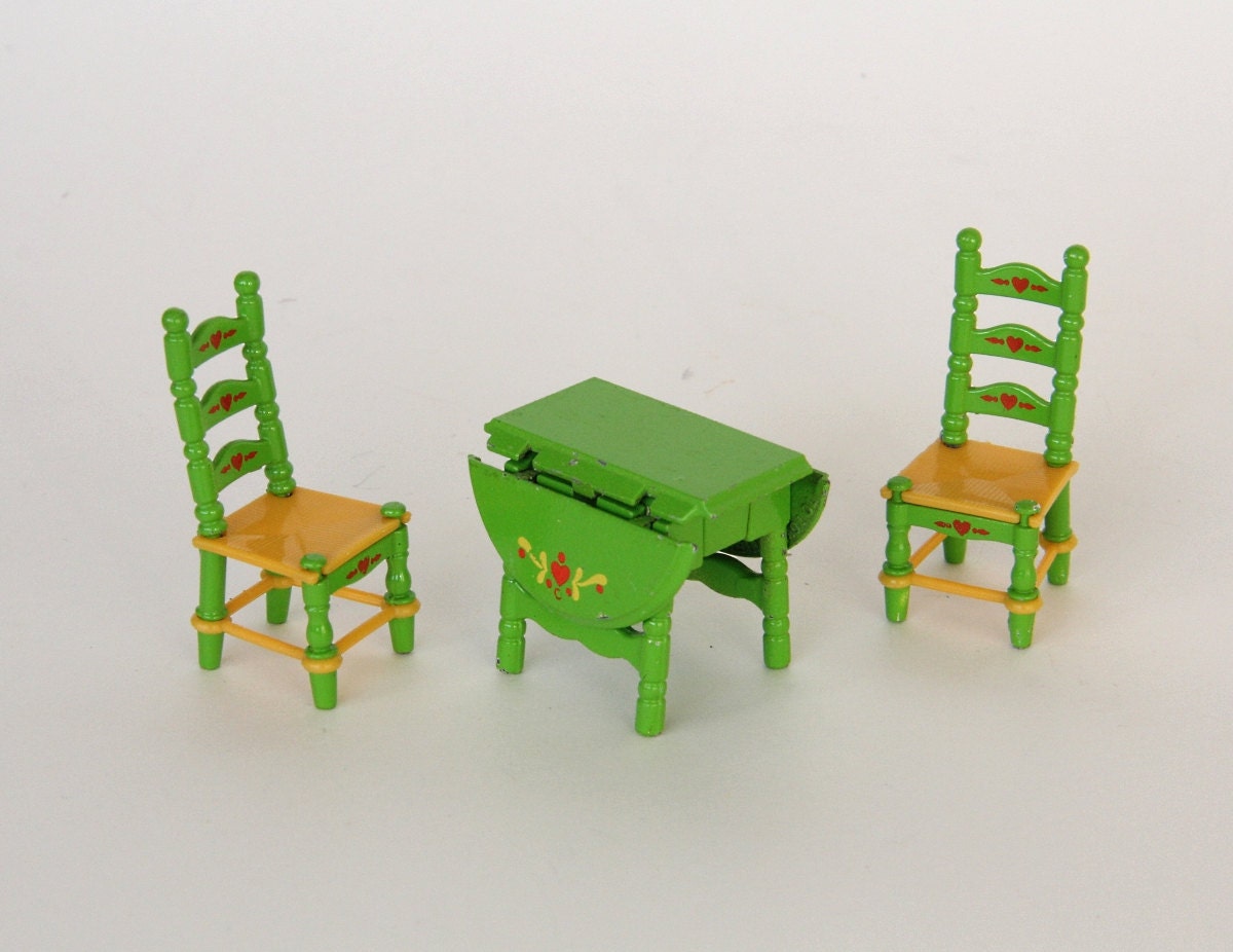 Vintage MATTEL 1980s Green Drop Leaf Table PLUS Two Chairs for The ...