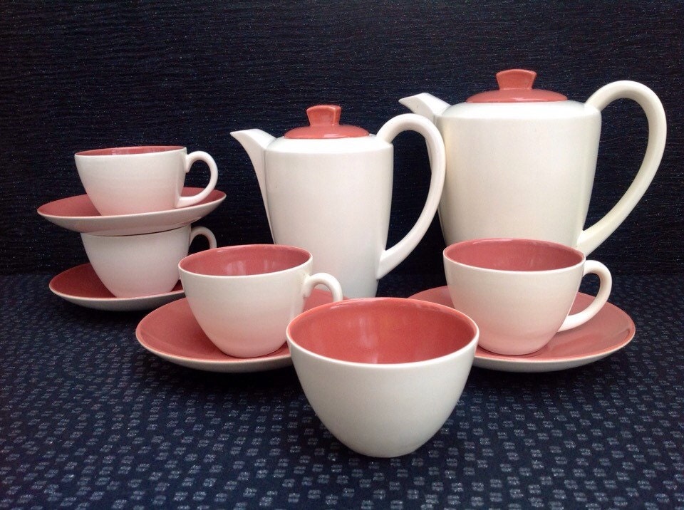 Lovely vintage Poole Pottery coffee set in Indian Red and Magnolia Twin ...
