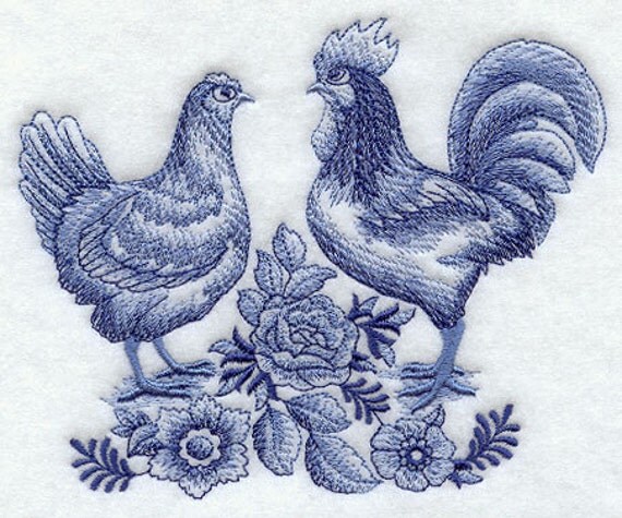 Delft Blue Hen and Rooster Embroidered by LindasEmbroideryShop
