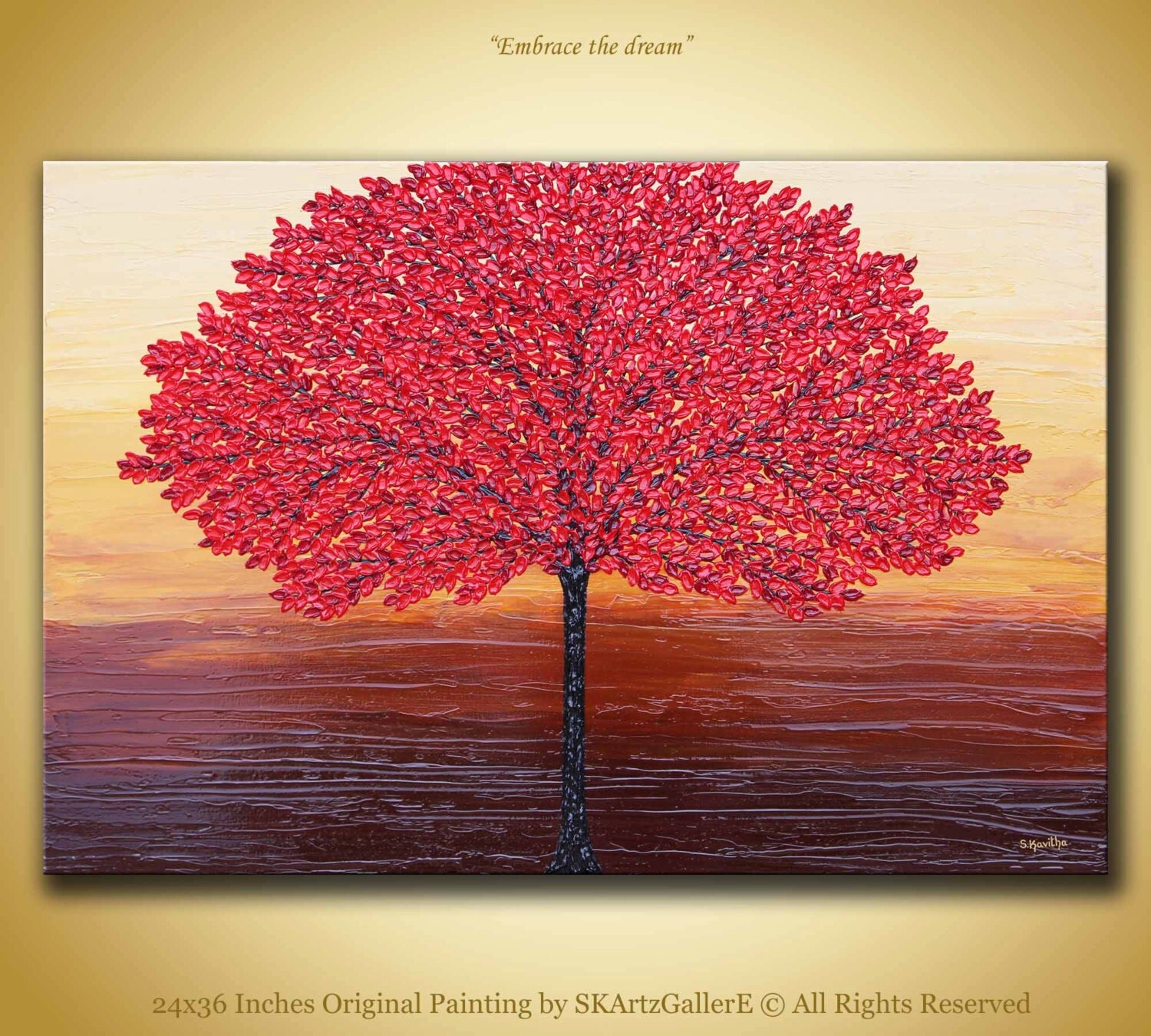 Red Tree Painting Original Artwork Modern Landscape Red