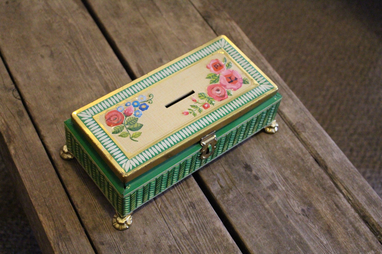 Vintage Fricke & Nacke Footed Candy Tin Bank – Design By Mavis Western ...