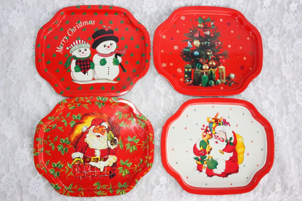 Set of 4 Vintage Christmas Tins / Trays 1970s Made in Hong Kong Santa ...
