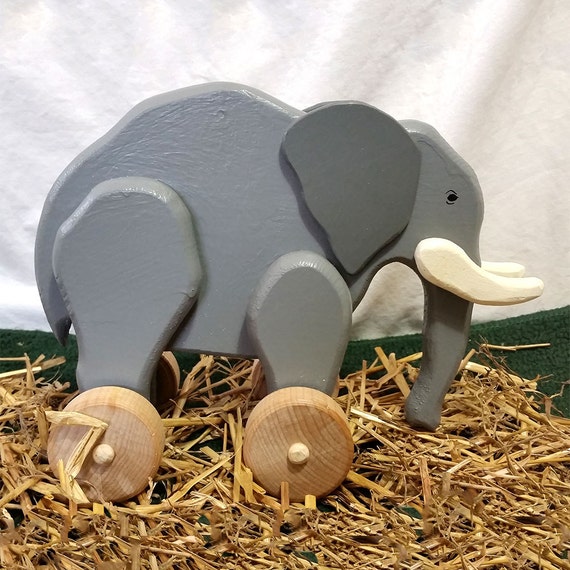 Large Wooden Elephant Rolling Toy with Optional Pull String