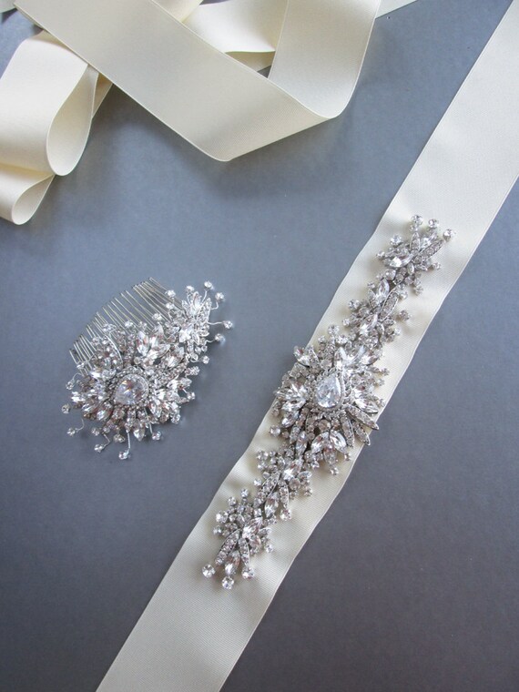 Bridal belt and headpiece set Bridal crystal by SabinaKWdesign