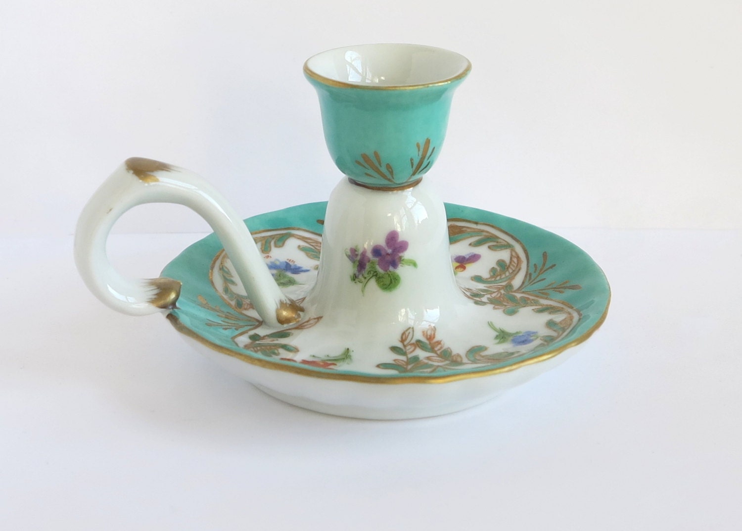 Paris Royal Chamberstick Hand Painted Porcelain Turquoise Aqua
