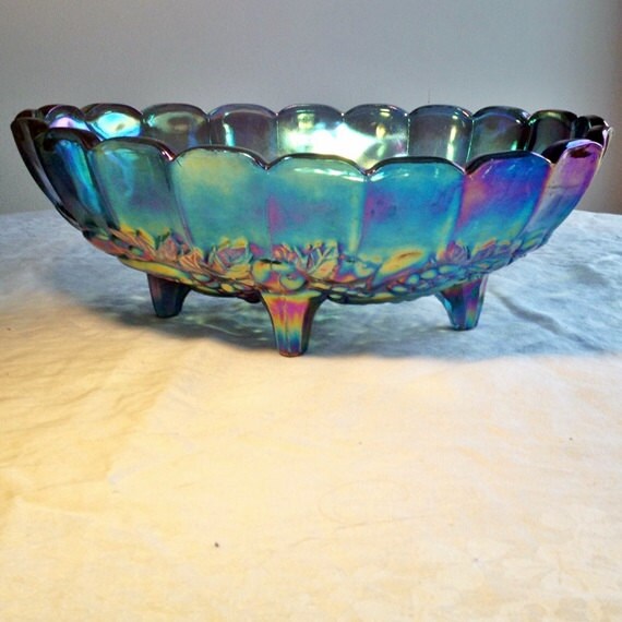 Vintage Carnival Glass Compote Iridescent Blue by vintagepoetic