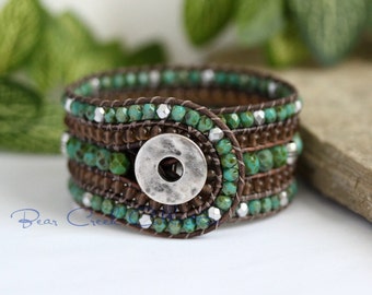 Turquoise Sparkle Beaded Leather Cuff, 5 Row, Leather Wrap Bracelet, Silver, Handmade, Leather ...