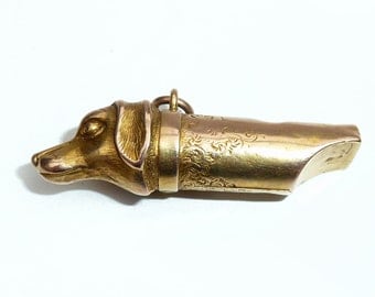 Unusual Dog Head Whistle in Antler/Bone and Gold