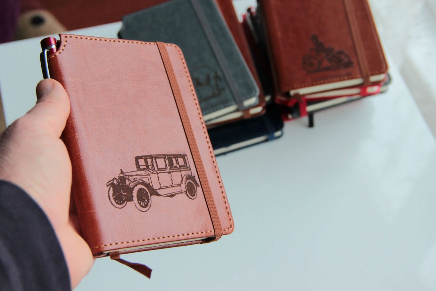 Customizable engraved vintage car Journal leather bound strip