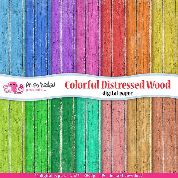 Distressed colorful wood digital papers. Commercial & personal