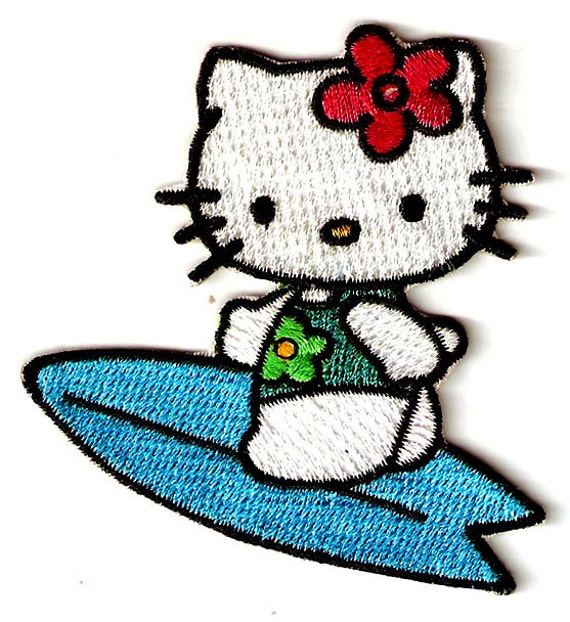 Hello Kitty surfing on a surfboard with Aloha style in Hawaii
