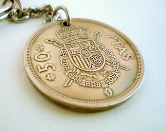 Spanish coin keychain, Spanish 50 pesetas coin, Spanish keychain ...