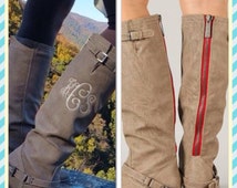 Monogrammed Boots: Beige with Red Zipper