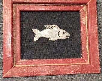 Plasma Cut Tin Fish on Black Burlap in Authentic Red Barn Wood Frame