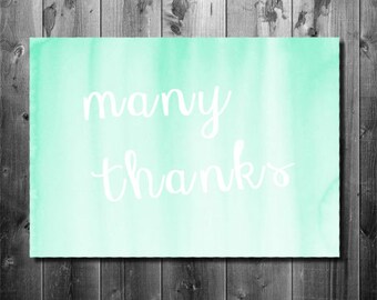 Many Thanks watercolor thank you card, printable cards