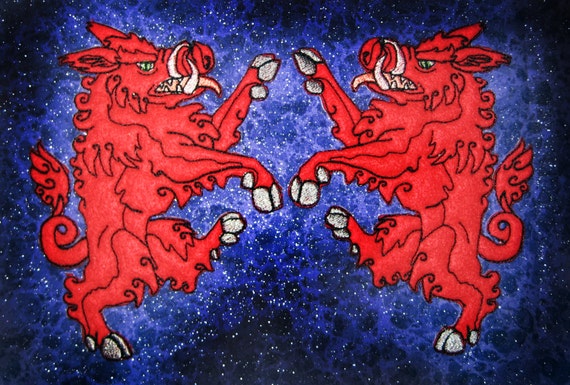 Rampant Red Boar Pair Heraldic Heraldry Iron on or Sew On