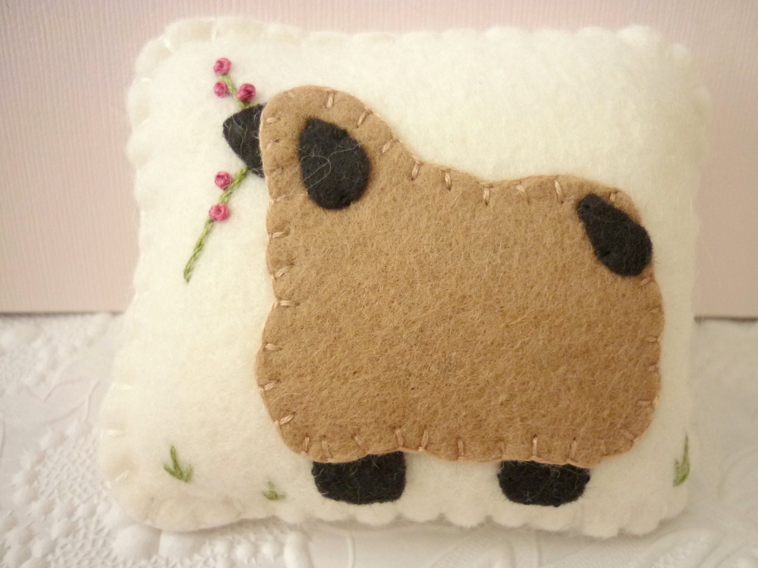 Primitive Pincushion Sheep Wool Felt Applique Ewe Penny Rug