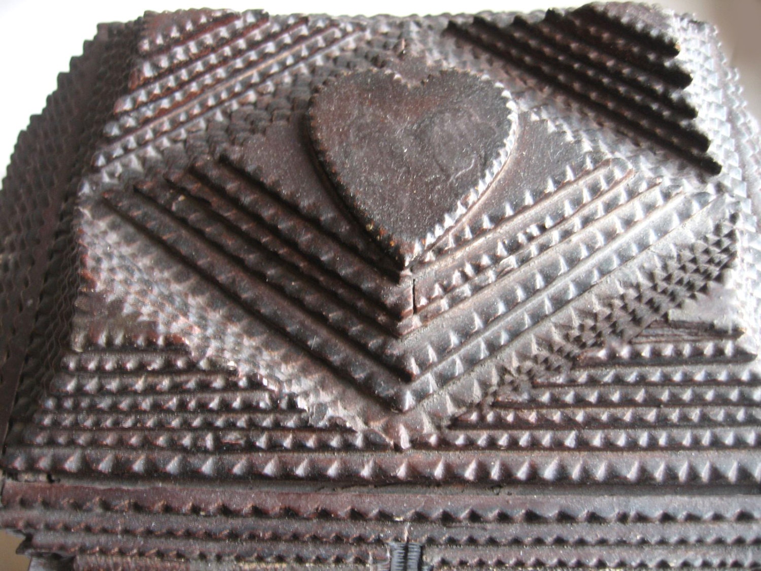 antique footed tramp art box heart and geometric design 7 layers ...