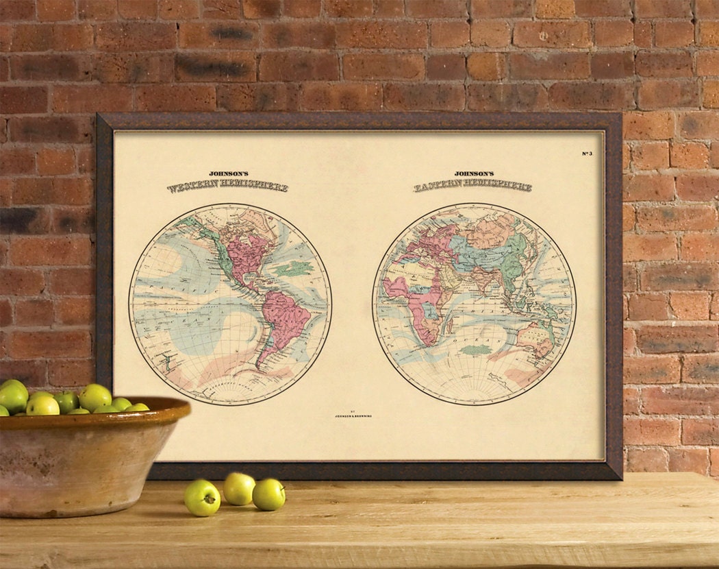 Antique map World map in two hemispheres Western