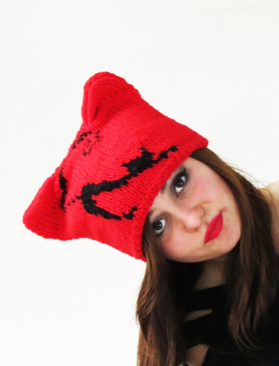 Knit Cat Ear Hat Red Cat Ear Beanie Cat Hats by EmofoFashion