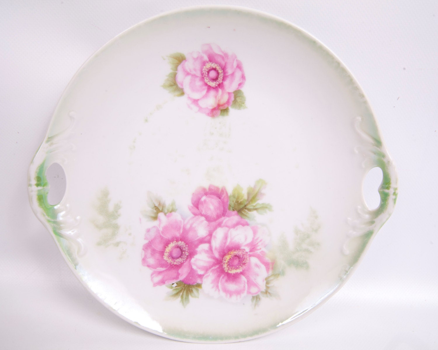 Vintage German Platter Pink Floral Double Cutout Handles Relief Hand ...