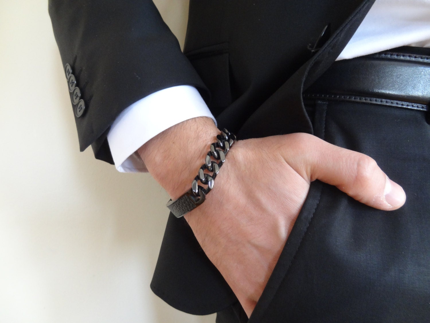 Mens Black Leather Stainless Steel Bracelet Mens