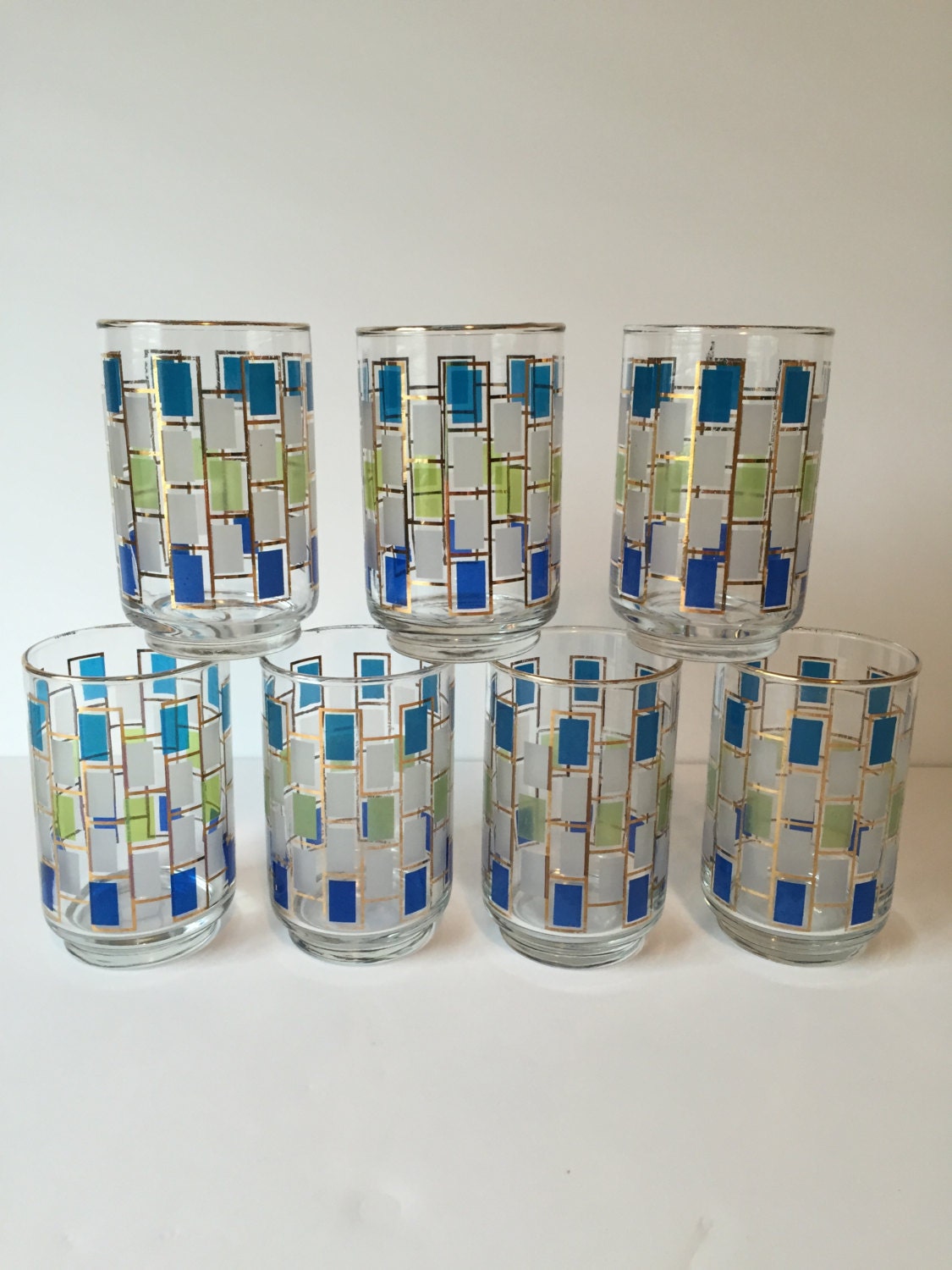 Vintage Mid Century Libbey Glasses Nordic Pattern Blue Green