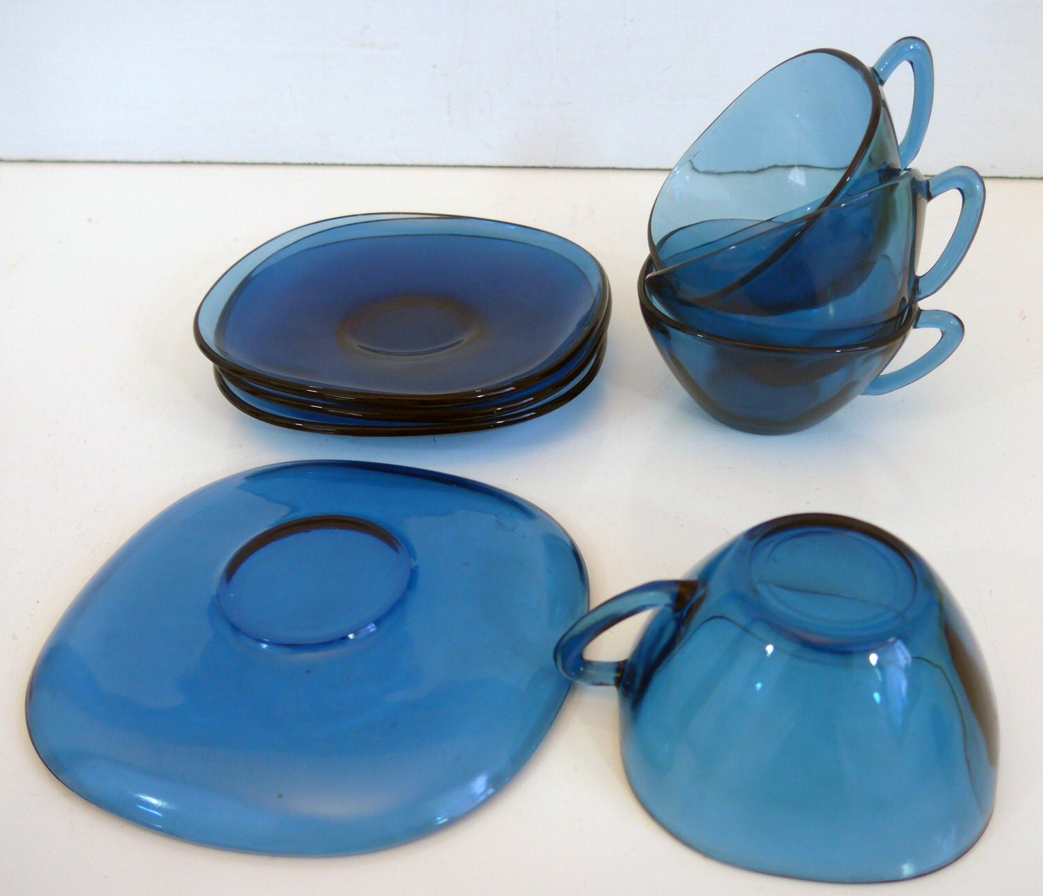4 Vintage Blue Vereco Coffee Cups w/ Saucers - Vereco France (Set of 4 ...