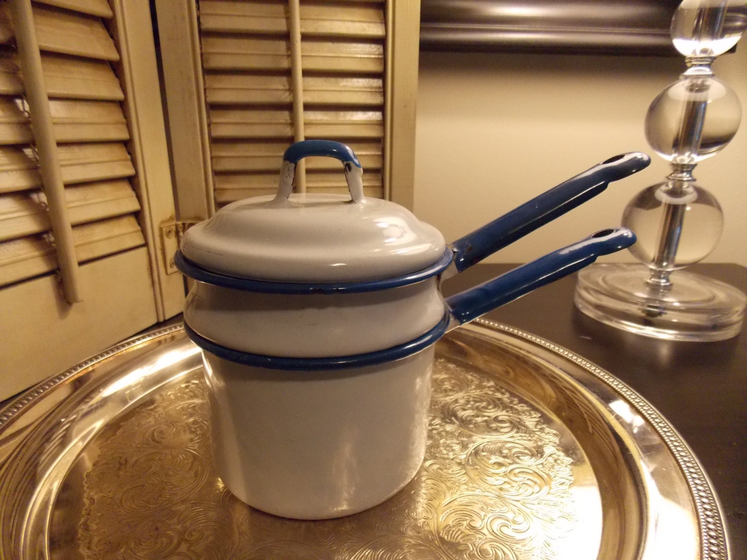 Vintage BLUE and Cream Enamelware Petite Double Boiler – Haute Juice