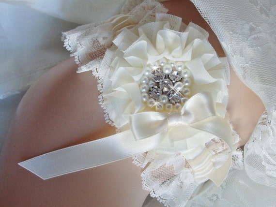 Items similar to Chantilly Lace and Satin Wedding Garter Set Etsy ...