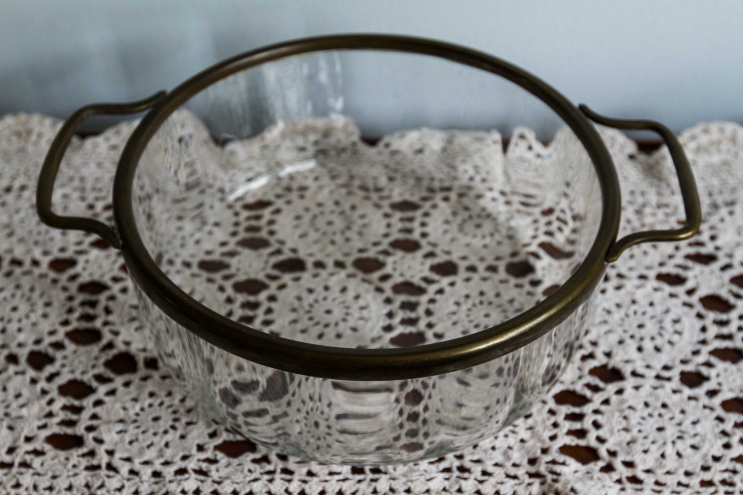 Vintage glass bowl with brass rim and handle, Made in Austria ...