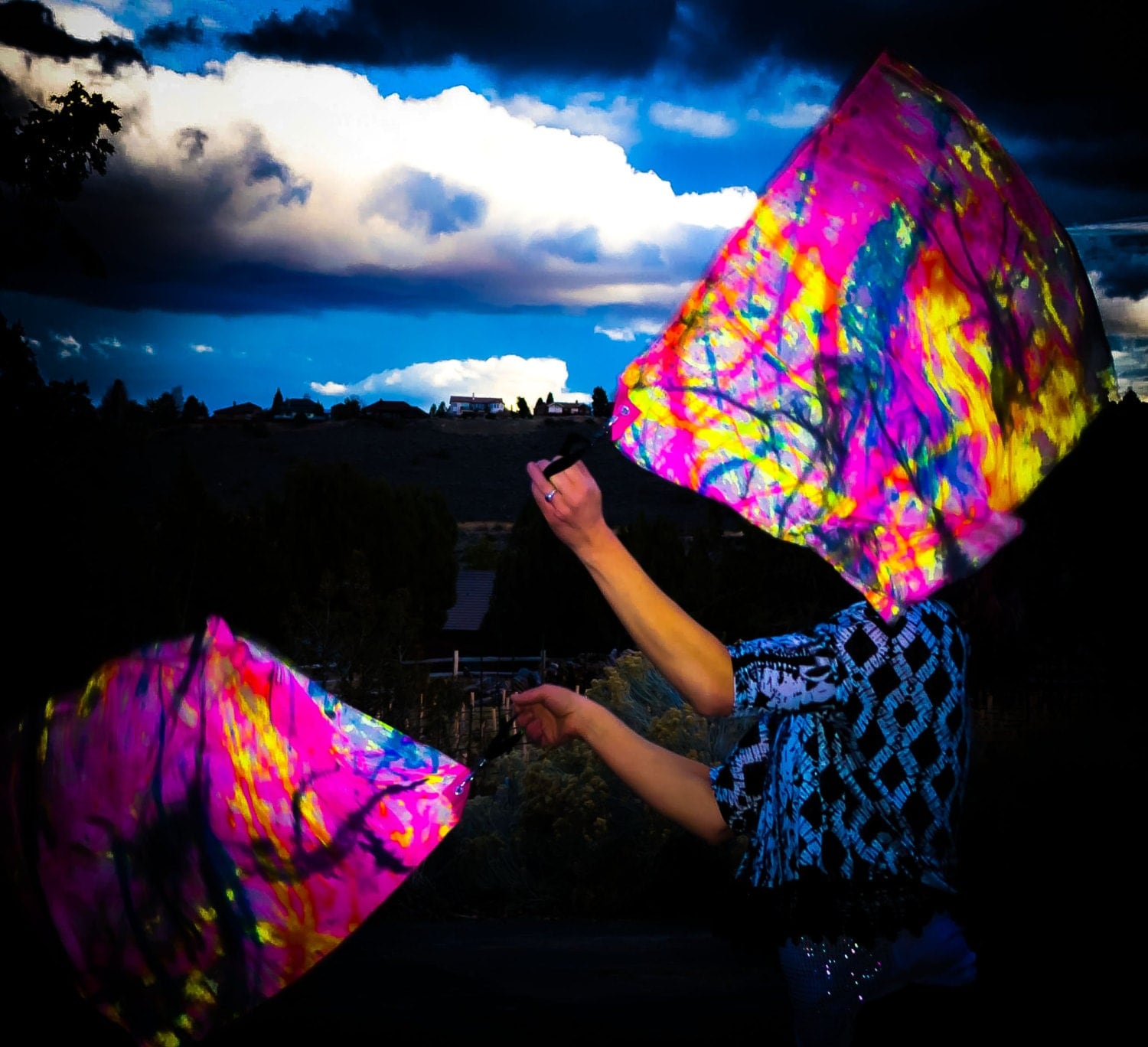 Flag Poi Hand Painted100% Silk UV Glow. Performance Prop