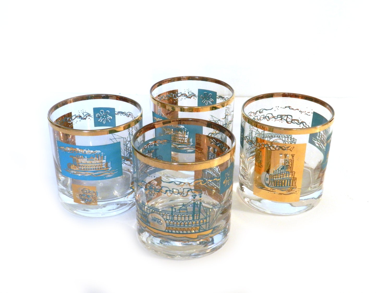 Libby Glasses Southern Comfort Steamboat gold and blue – set of 4 ...