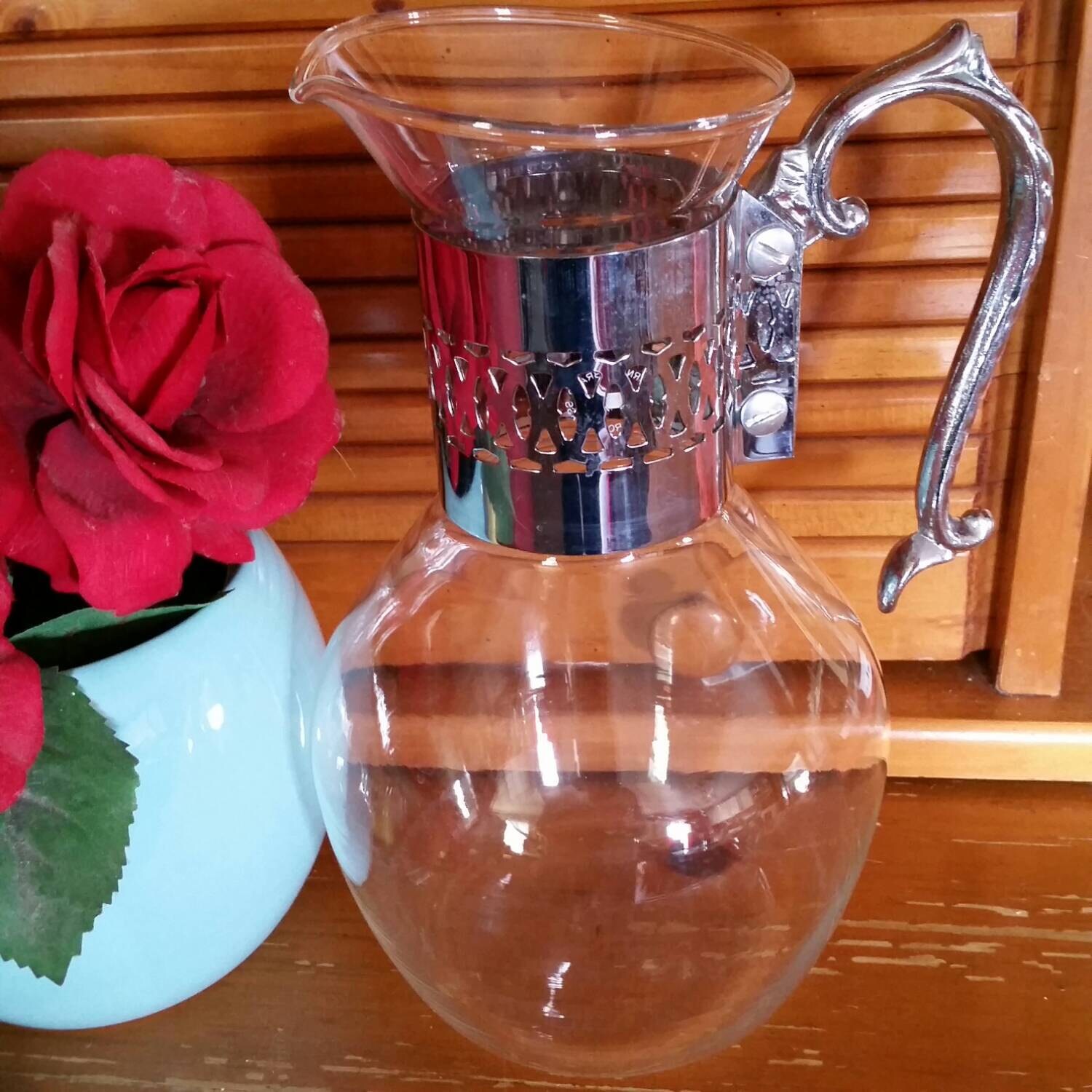 English Silver Co Corning Ware Glass Decanter silver plated Pitcher ...