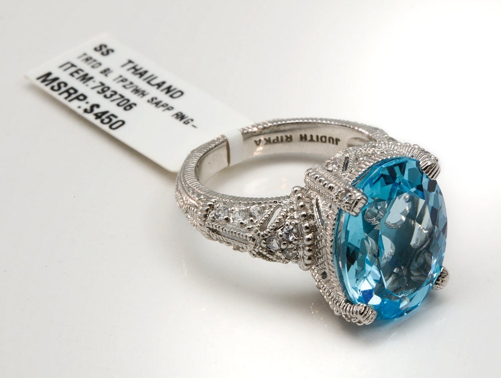 Judith Ripka Large Blue Topaz and White Sapphire Ring Size 7