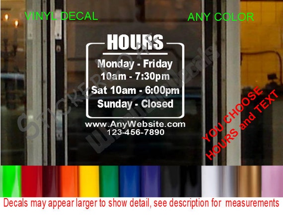 STORE HOURS CuStOm Window Decal Business Shop Storefront Door