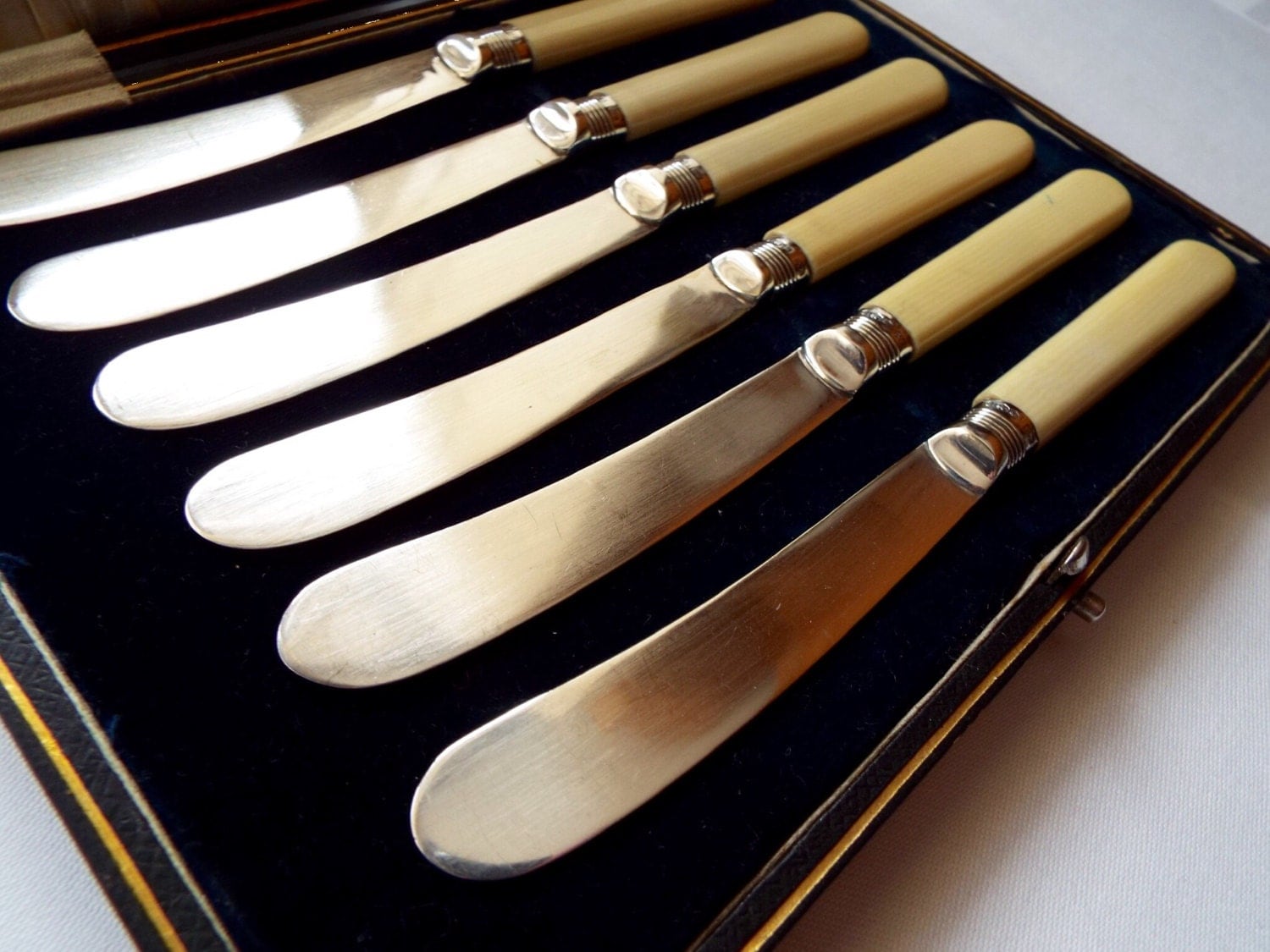 Vintage butter knives, Set of 6 with solid silver collars, English ...