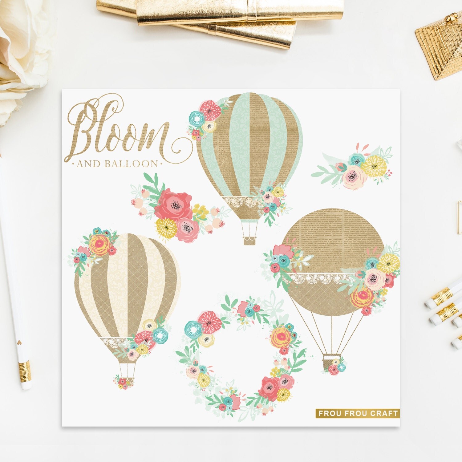 Hot Air Balloons Flowers ClipArt Intant Download Digital Pink