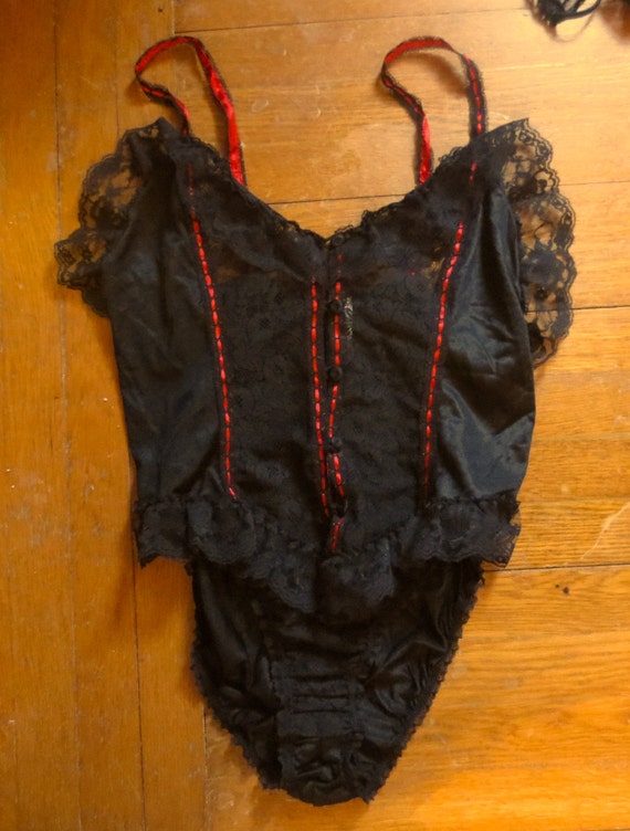 Vintage Black Lace Teddy with Red Satin by theblackcatcloset