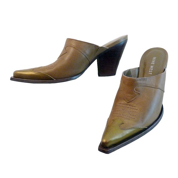 Cowgirl Boot Slides Mules // Tan and Brass Pointed Toe High